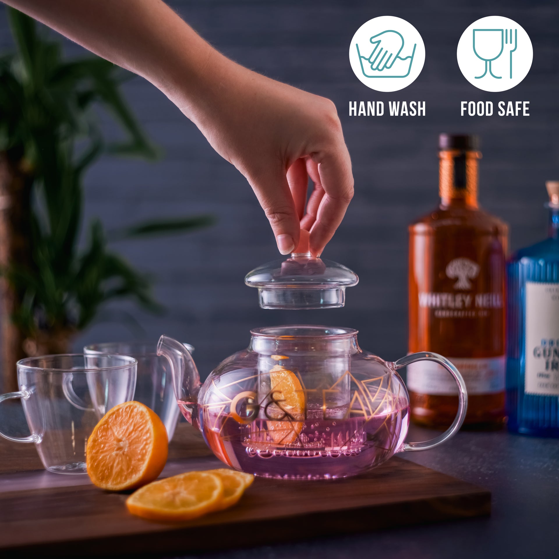 Glass Gin Teapot & Infuser Set with 4 Glass Tea Cups – Oak & Steel
