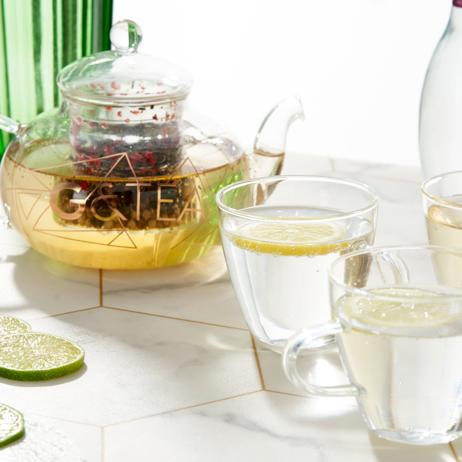 Glass Gin Teapot & Infuser Set with 4 Glass Tea Cups – Oak & Steel