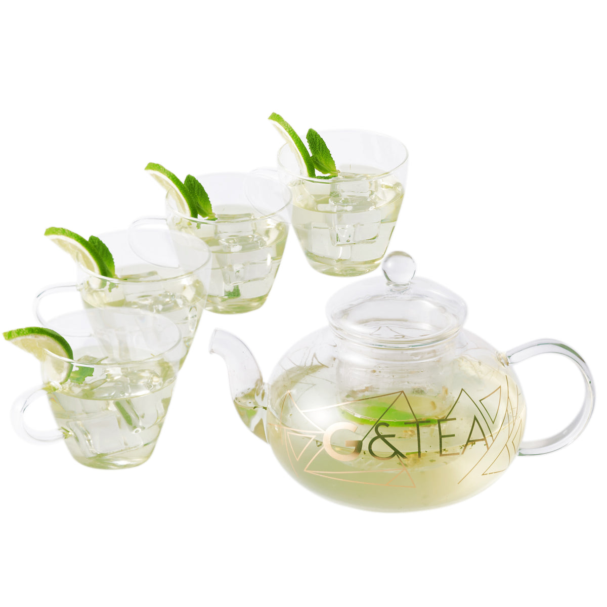 Glass Gin Teapot & Infuser Set with 4 Glass Tea Cups – Oak & Steel